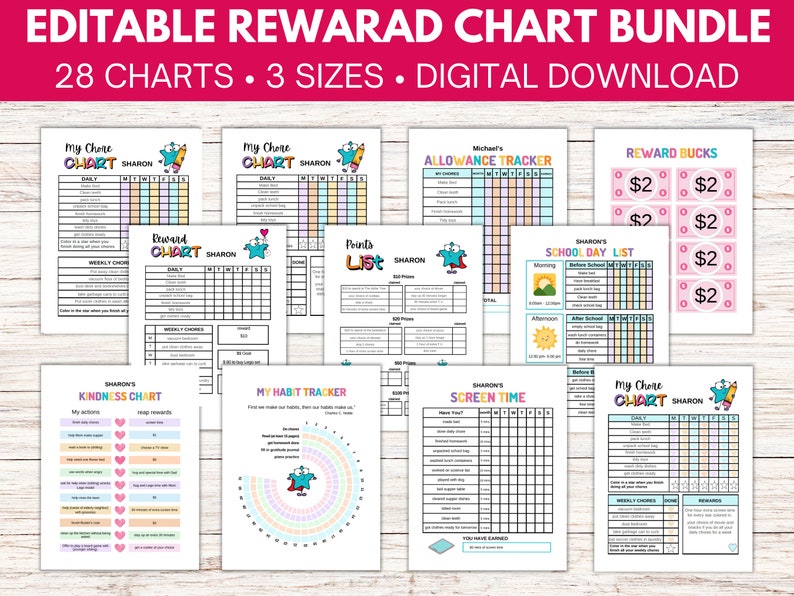 Editable Reward Chart Bundle for Kids Fun Chore Chart Designs Daily ...