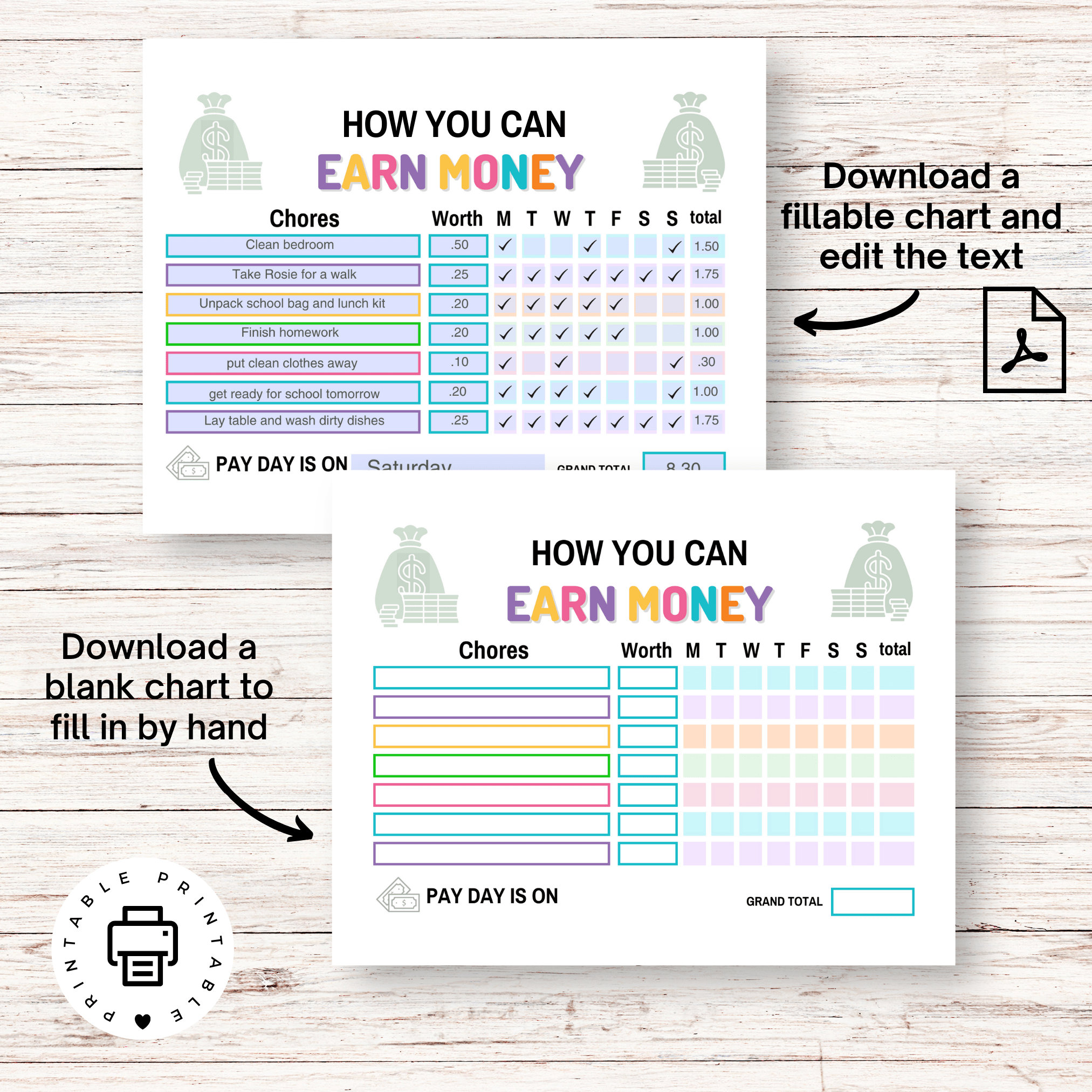 How to Earn Money Chore Chart Editable Allowance Chore Chart for Kids ...