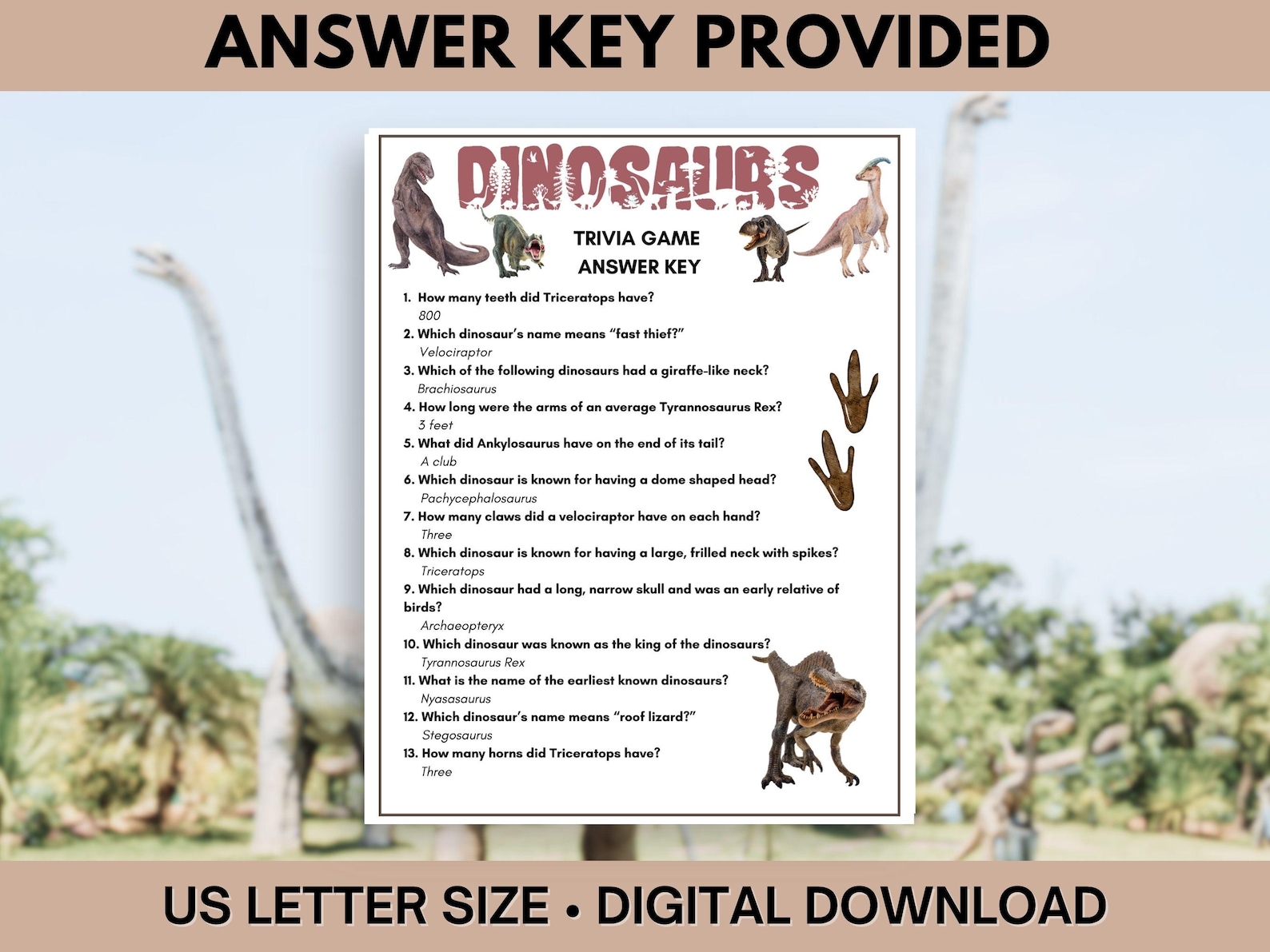 Dinosaur Trivia Game, Printable Dinosaur Game for Kids & Adults, Paleontology Birthday Activity ...