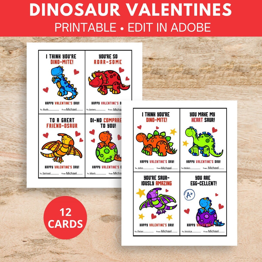 Editable Dinosaur Classroom Valentines, Printable Dinosaur Valentine ...