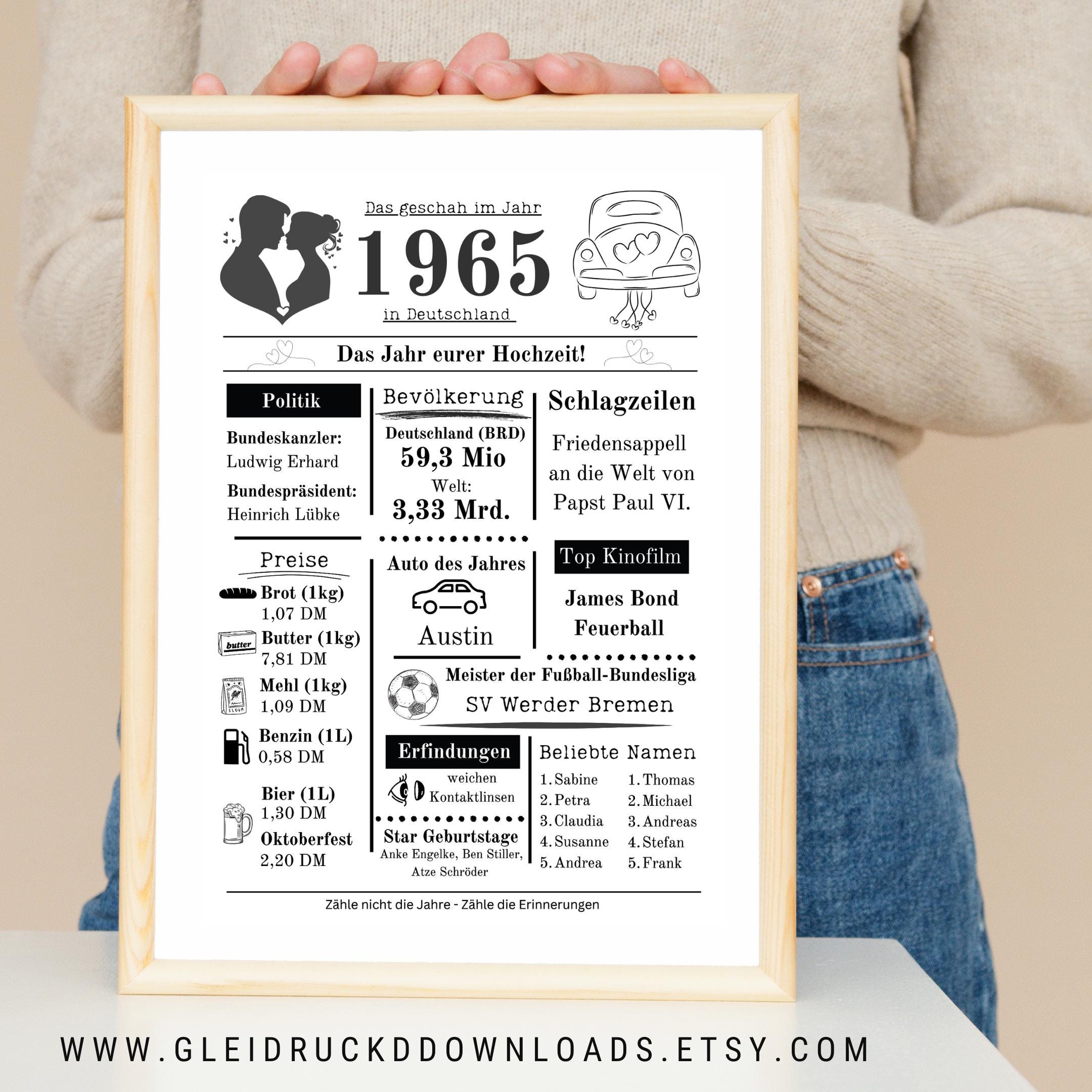 Geschenk zum 60. Hochzeitstag| Diamantene Hochzeit 1965 | 60 Jahre Ehe| Trauung 1965 ...