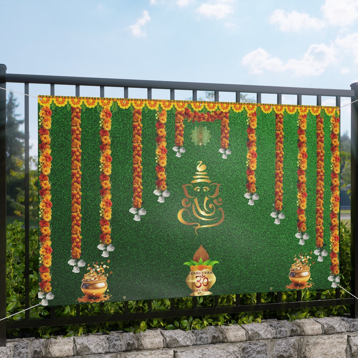 Housewarming Ganesh Decorative Backdrops Matte Vinyl Banner Pooja ...