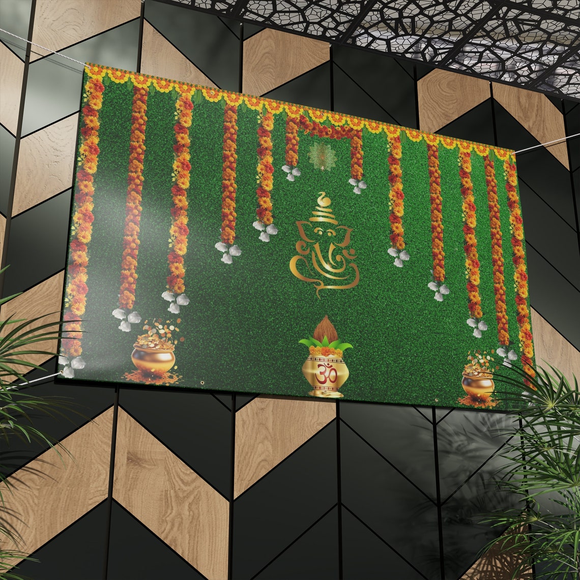 Housewarming Ganesh Decorative Backdrops Matte Vinyl Banner Pooja ...