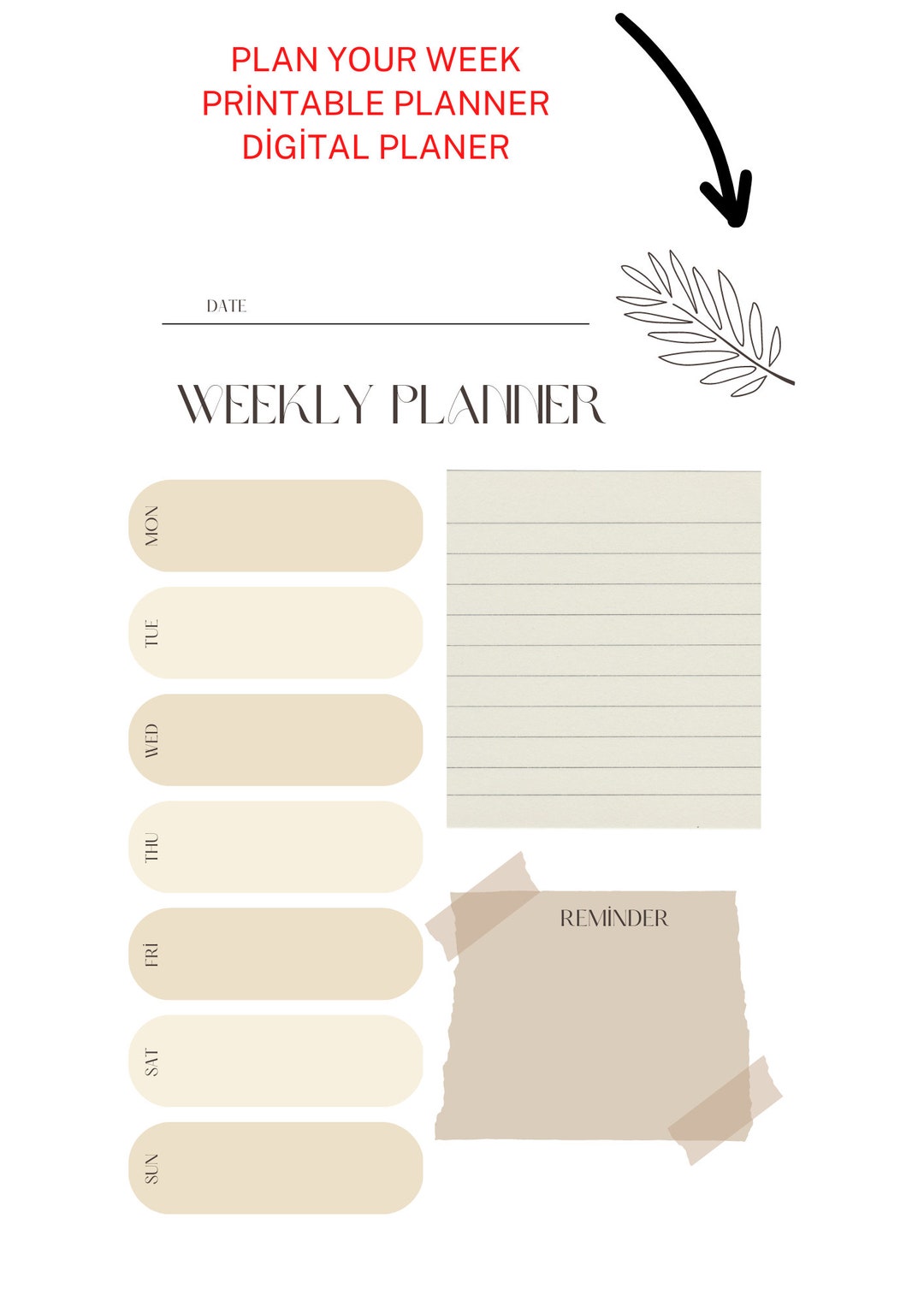 Weekly Planner , Planner, Digital Planner,minimal Planner,printable ...