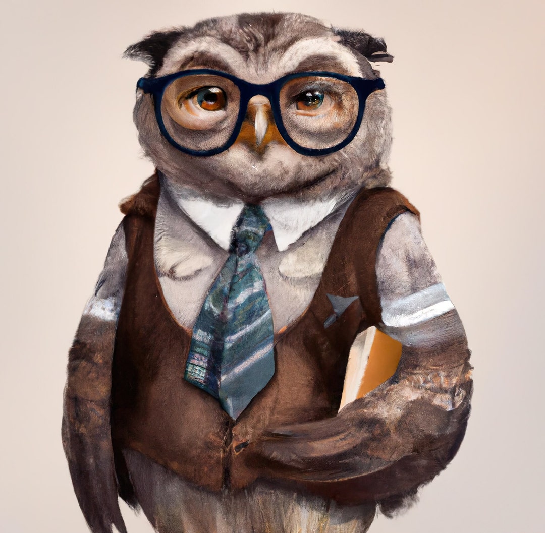 Hand-drawn Owl Librarian Digital Art Reading Owl With Glasses, Brown ...