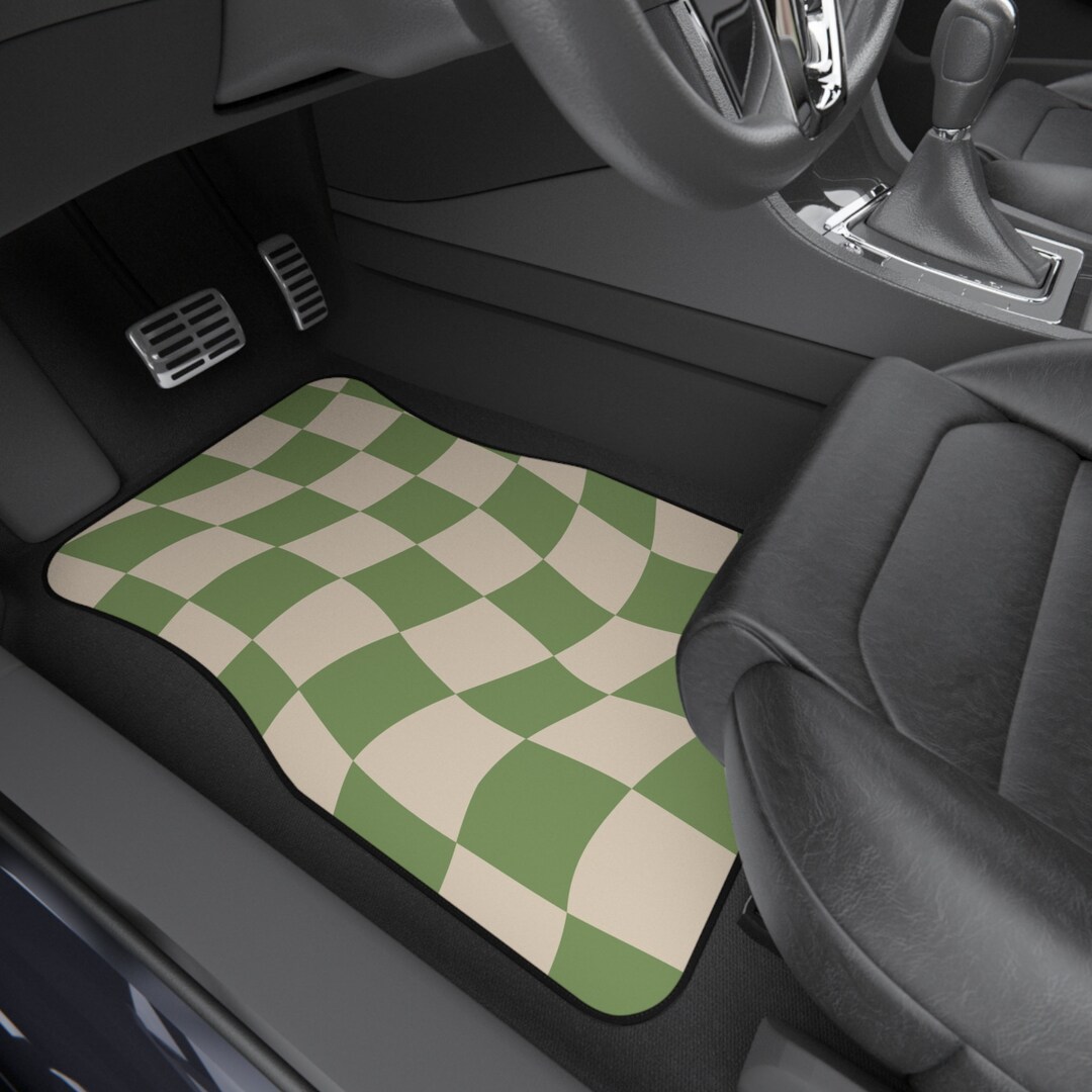 Set of 2 Beige and Green Checkered Floor Mats Car Floor Mats Cute Car ...