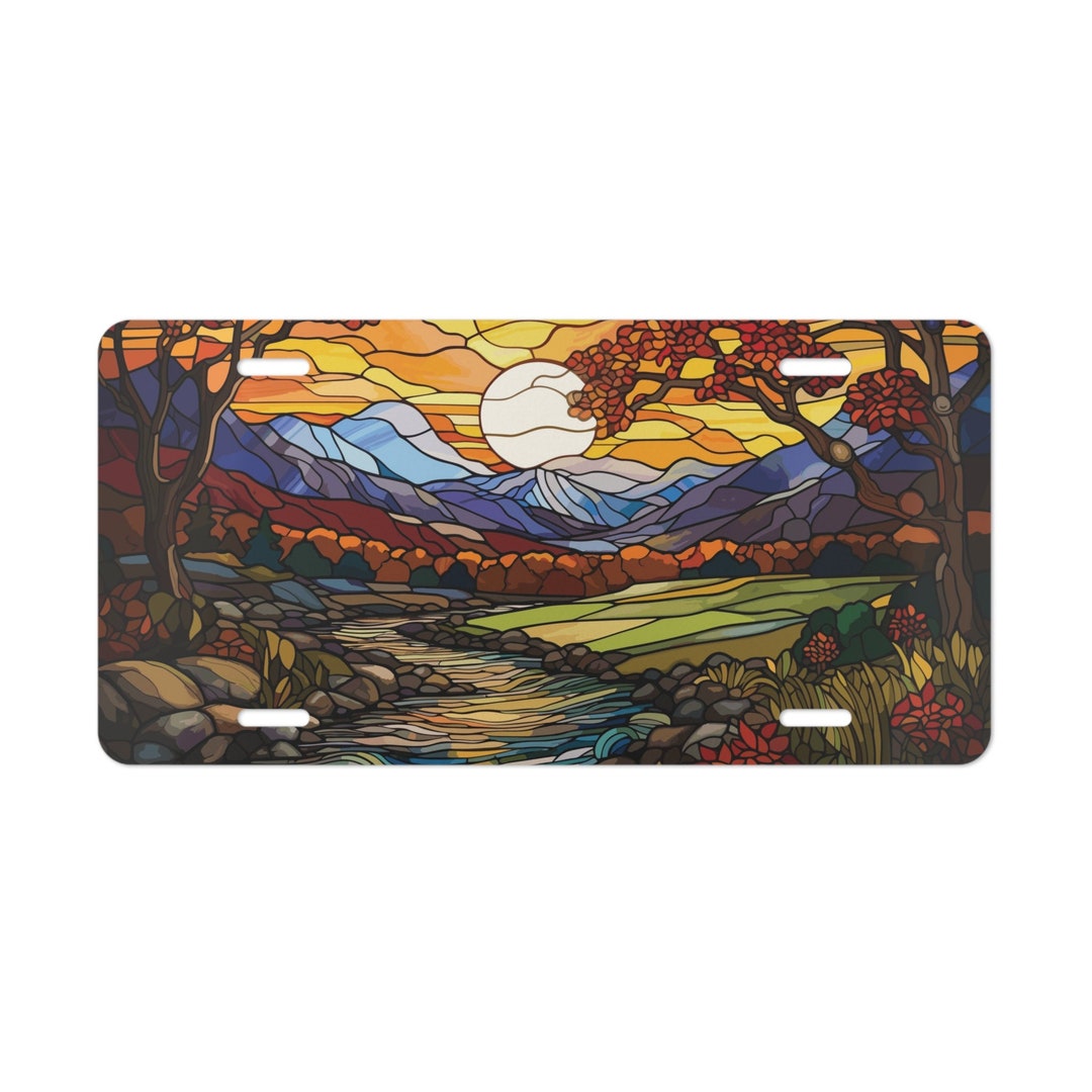 Ultra Slim Stained Glass Mountain Range License Plate Vanity Plate Gift ...