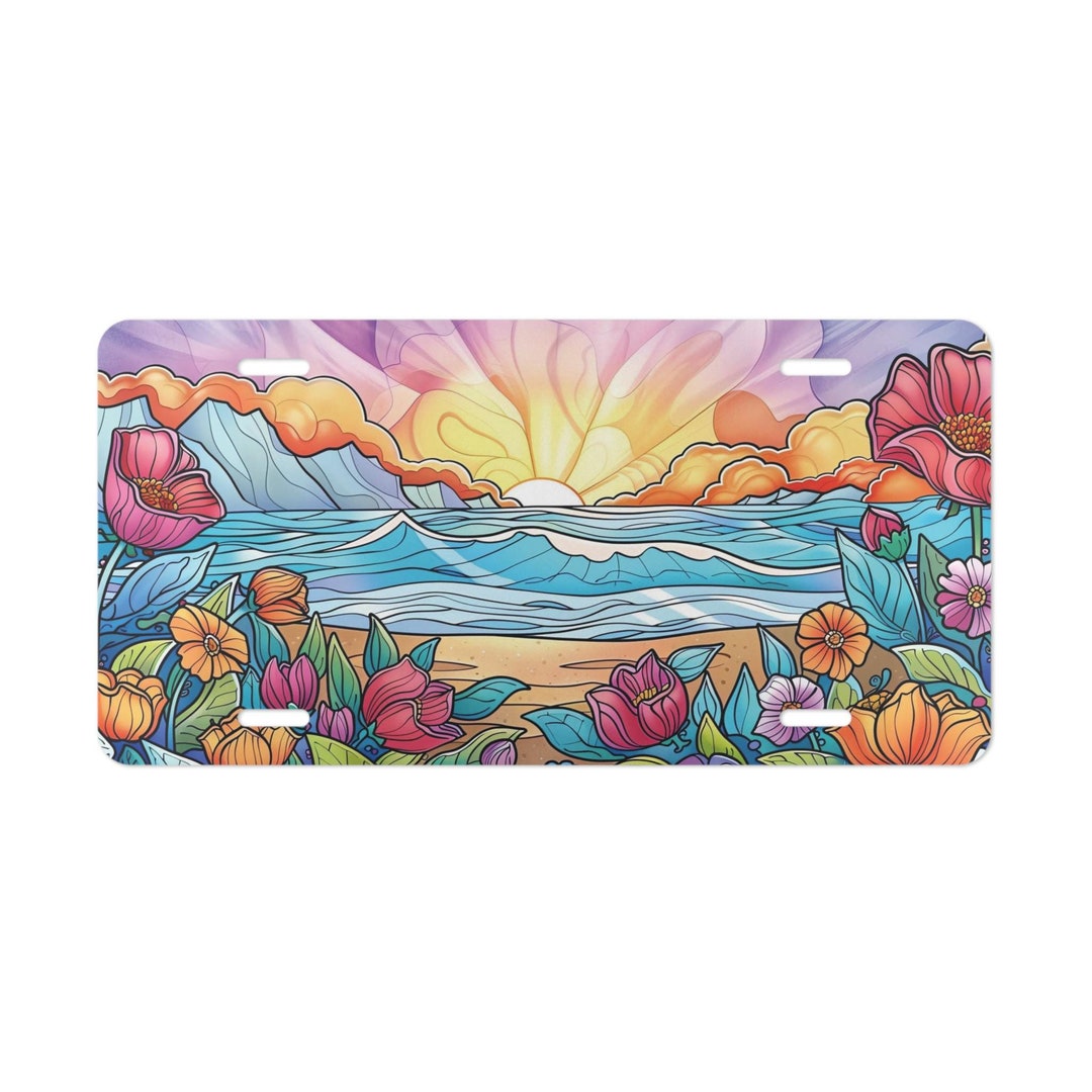 Ultra Slim Floral Stained Glass Ocean Wave License Plate Vanity Plate ...