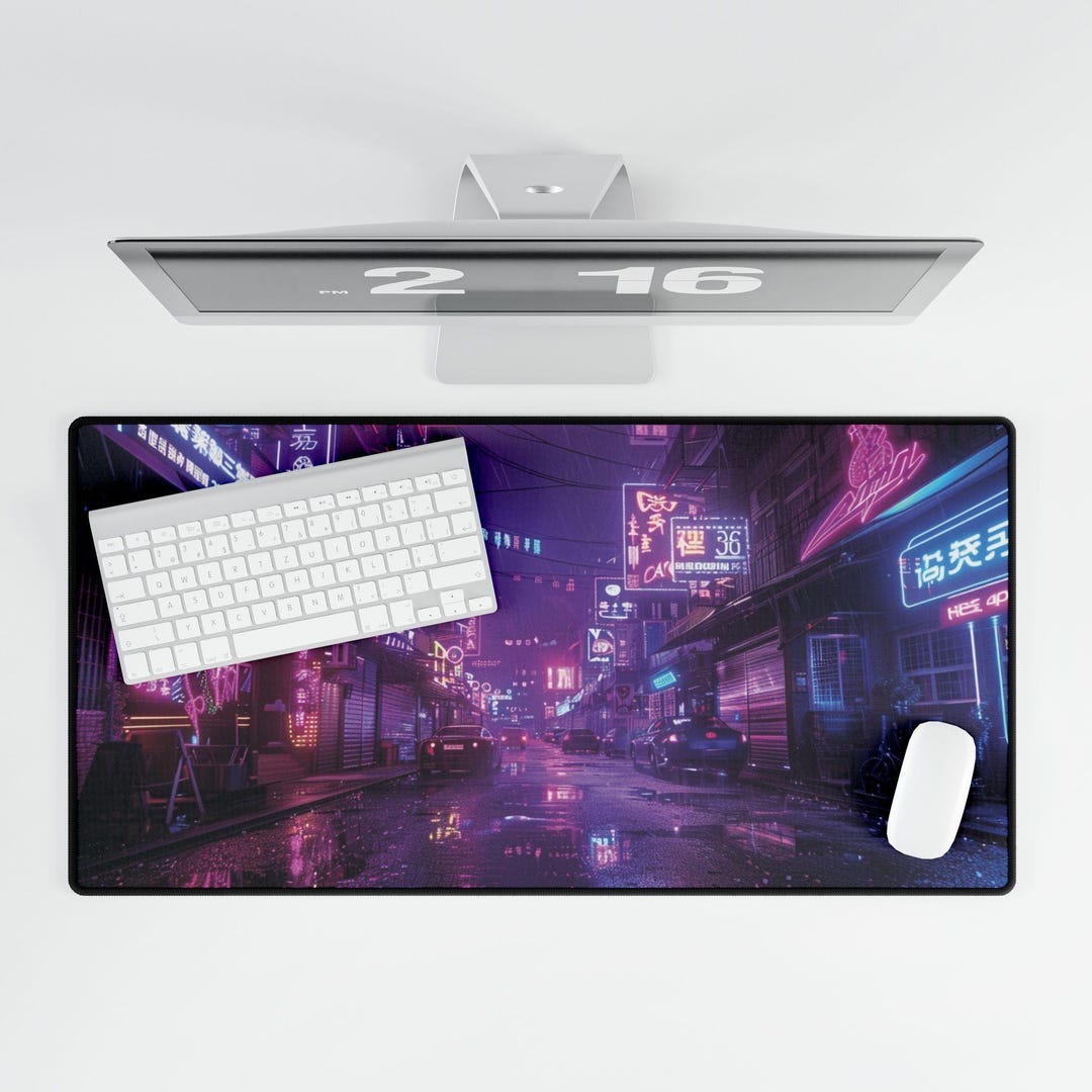 Neon Hong Kong Cityscape Street Desk Mat Large Gaming Desk Mat Unique ...