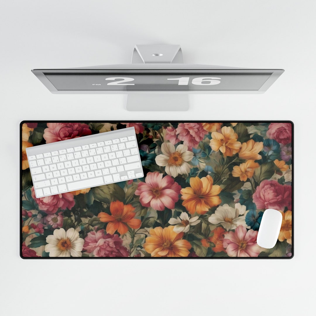 Botanical Art Desk Mat Vintage Painted Floral Desk Mat Large Desk Mat ...