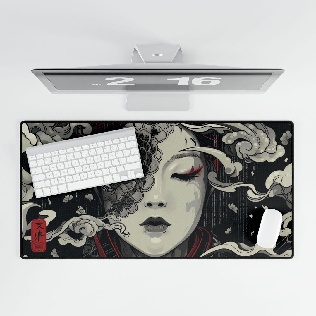 Japanese Geisha Desk Mat - Dark Asian Art Mouse Pad, Smoke Cloud ...