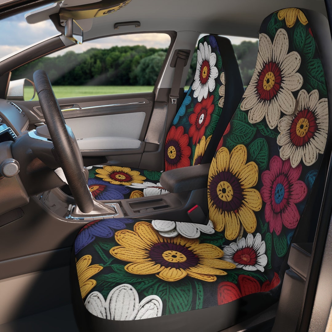 Set of 2 Faux Embroidery Floral Car Seat Protector Thick Polyester Cute ...