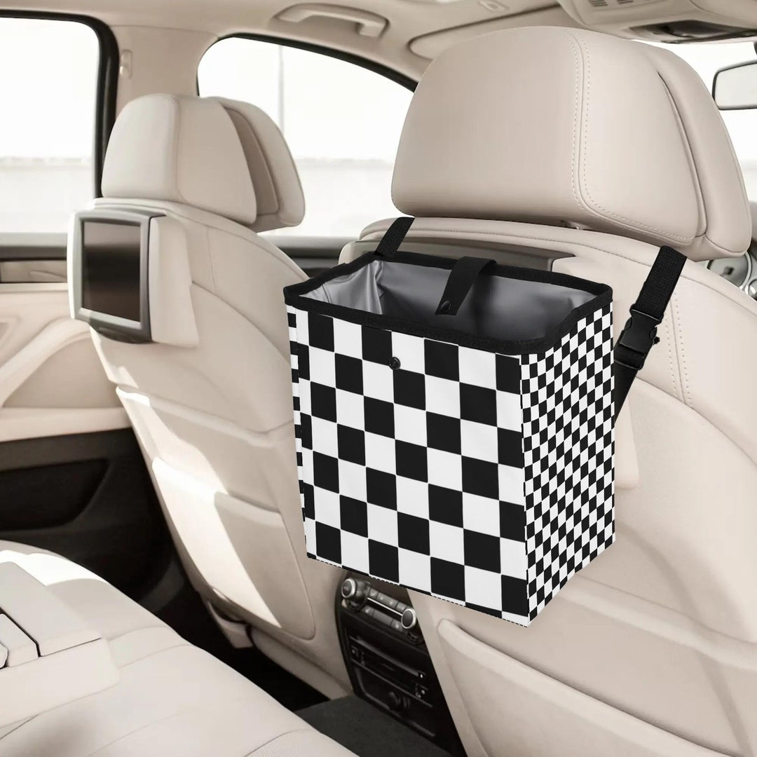 Black White Checkered 300D Hanging Storage Trash Car Organizer Bag Reusable Car Accessories Cute ...
