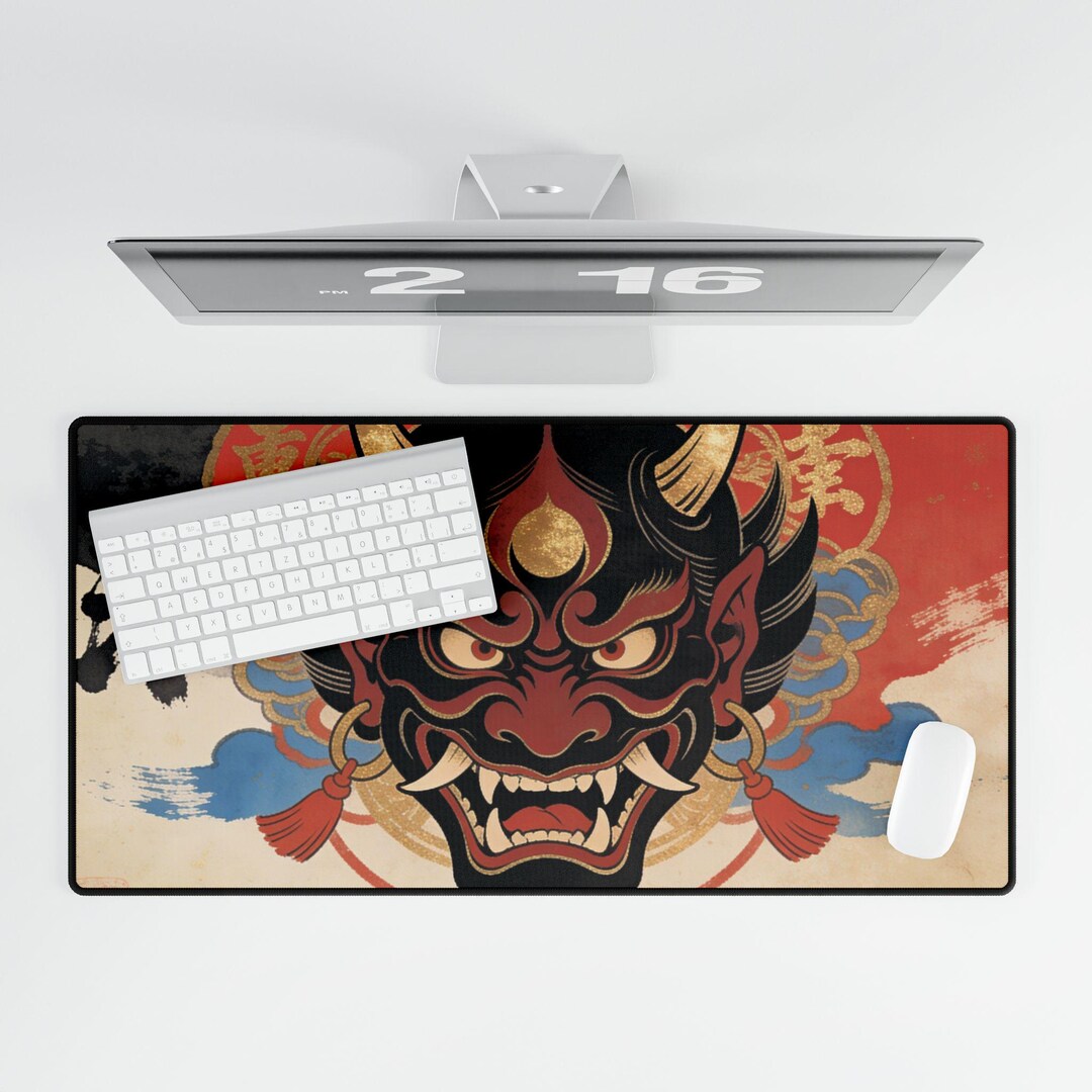 Oni Mask Desk Mat - Japanese Demon Gaming Mouse Pad, Traditional Tattoo ...