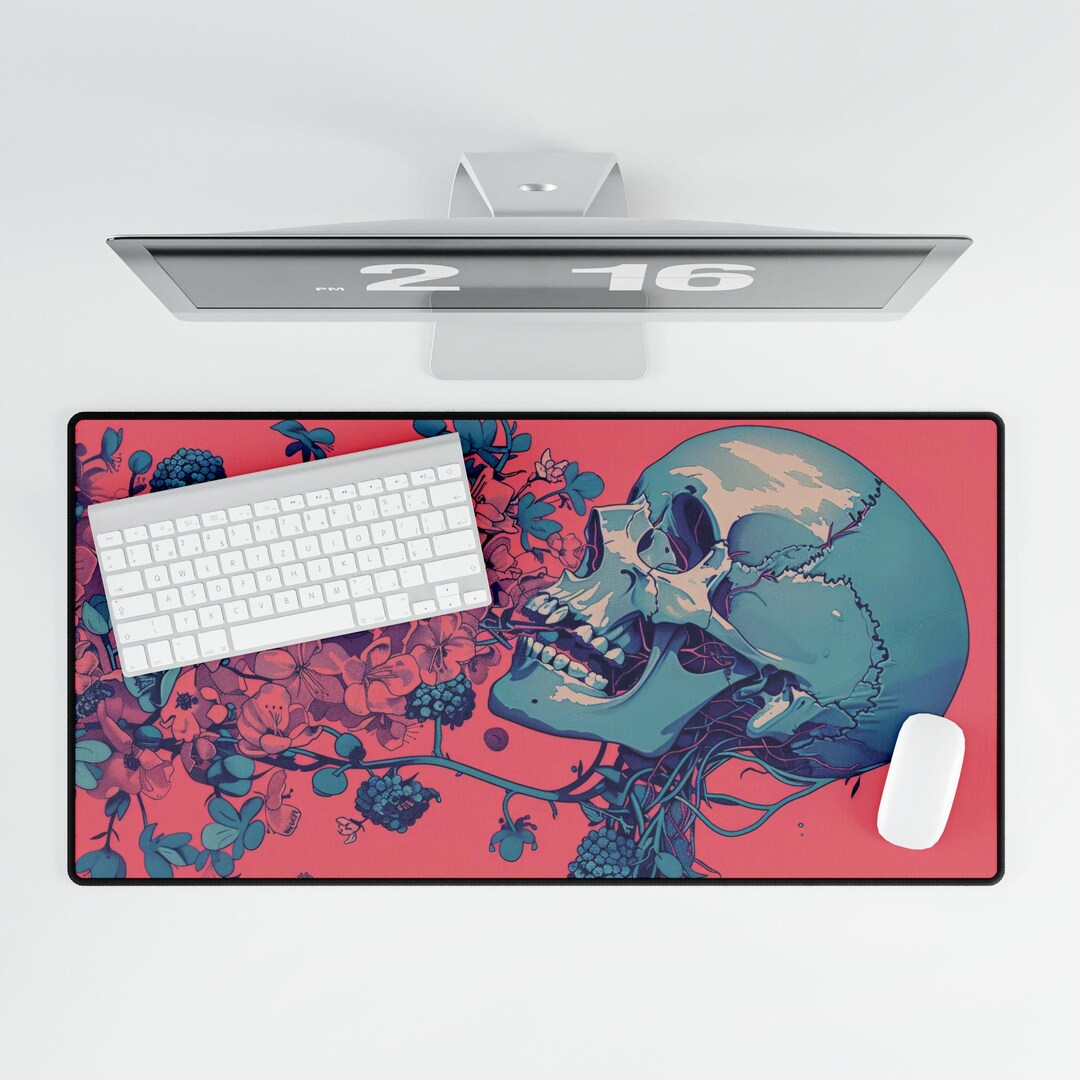 Colorful Lofi Floral Skeleton Horror Art Desk Mat Large Gaming Desk Mat ...