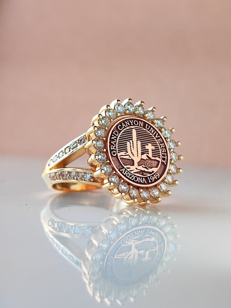 14K Solid Gold College Ring, Sterling Silver Band, Personalized ...