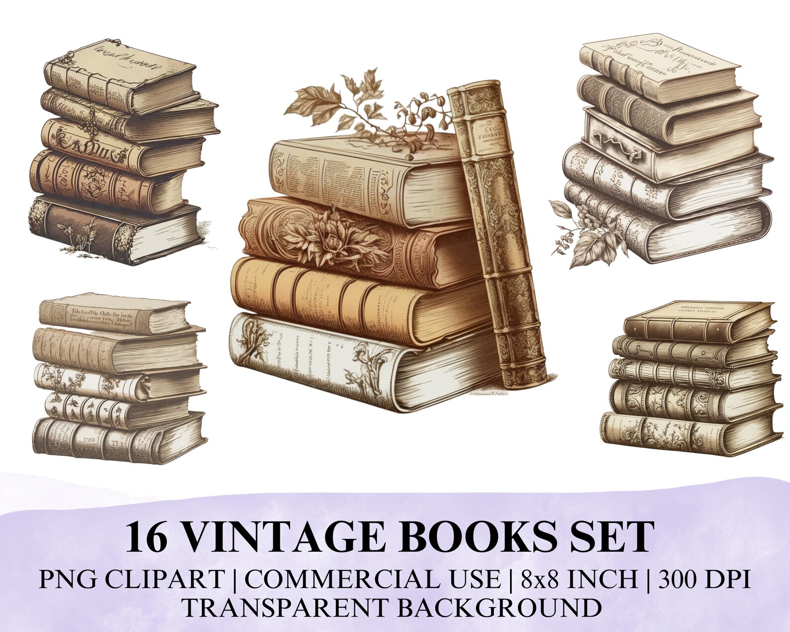 16 PNG Vintage Books Set, Vintage Set of Books Clipart, Vintage Books ...