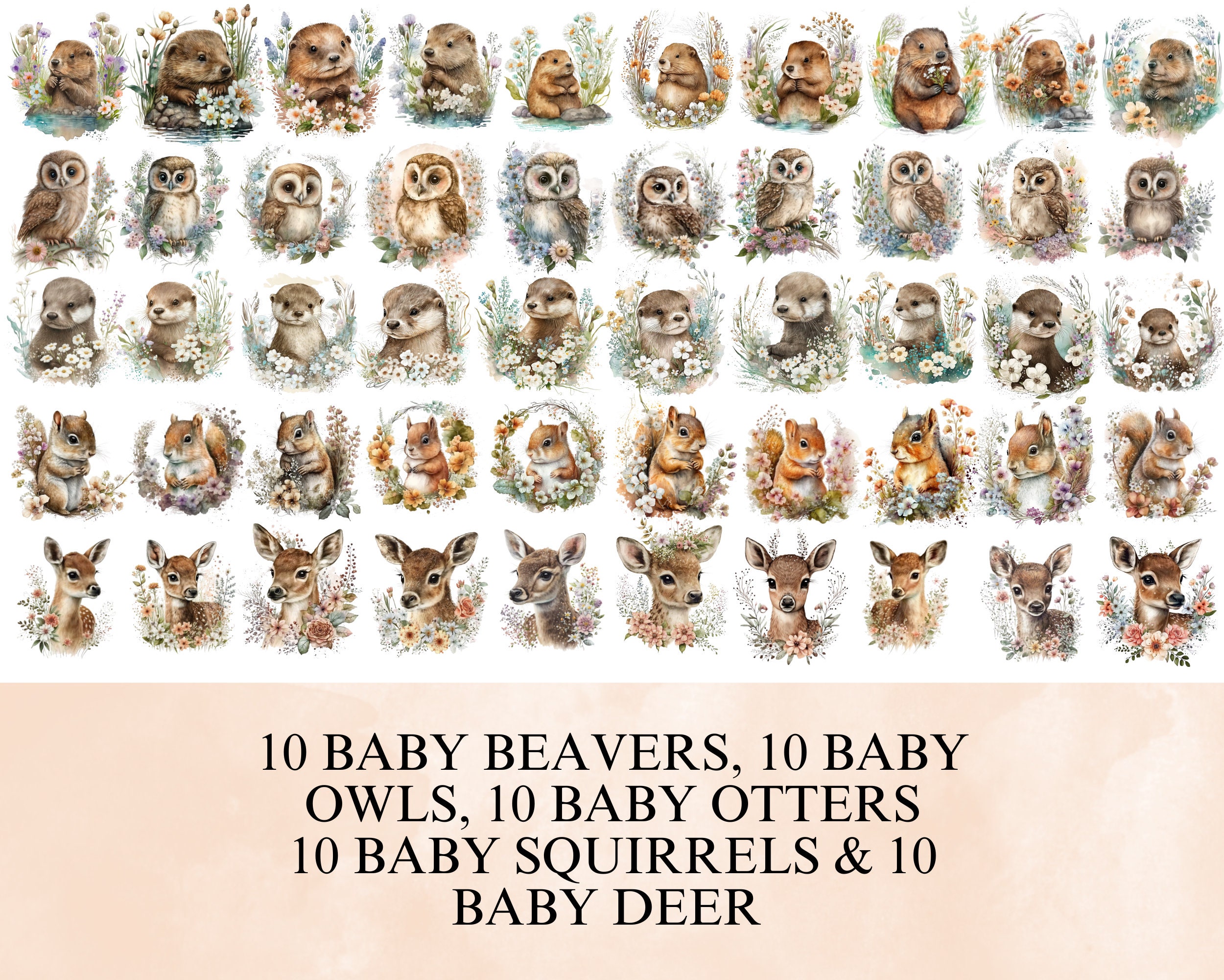 Baby Woodland Animals Clipart Bundle, 100 PNG Clipart Images of Cute ...