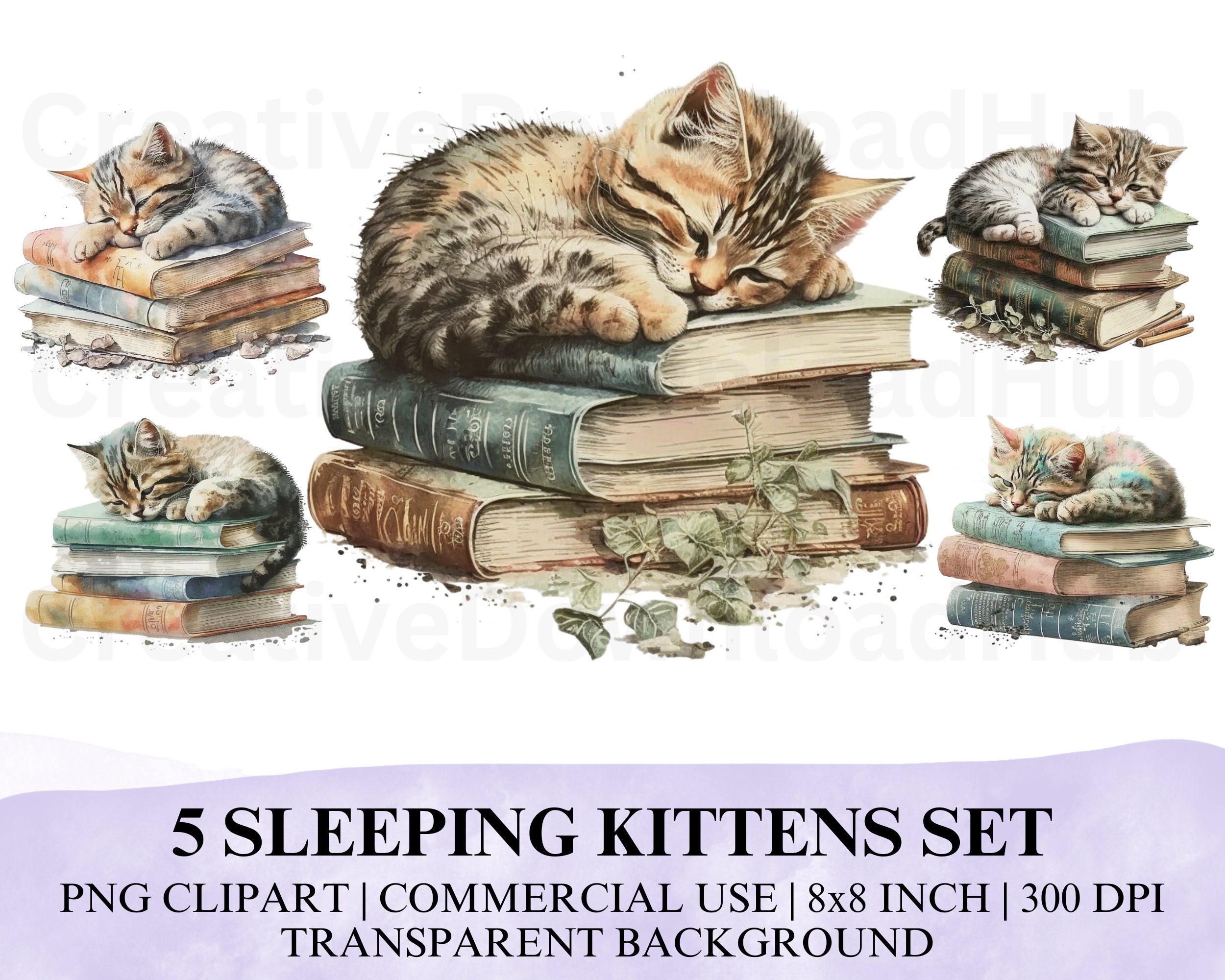 5 PNG Sleeping Kittens on Books Set Watercolor Clipart, Clipart ...