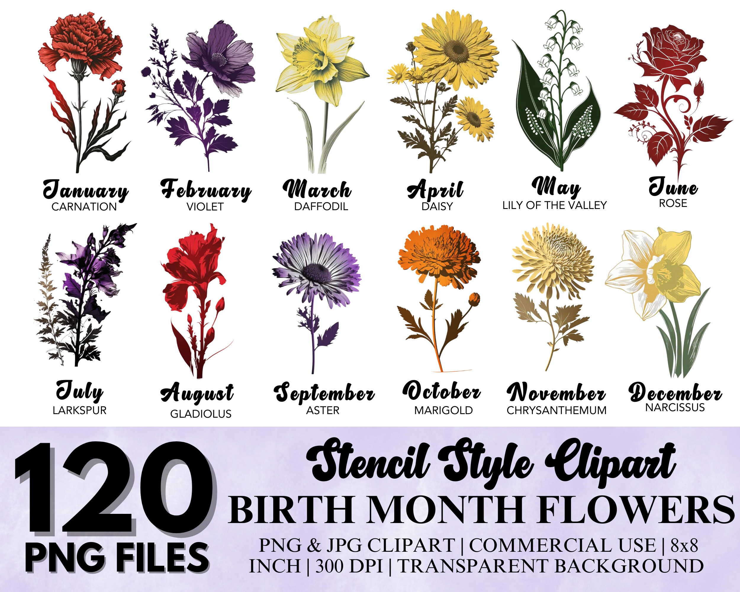 120 PNG Stencil Style Birth Month Flowers Clipart, Birth Month Flowers ...