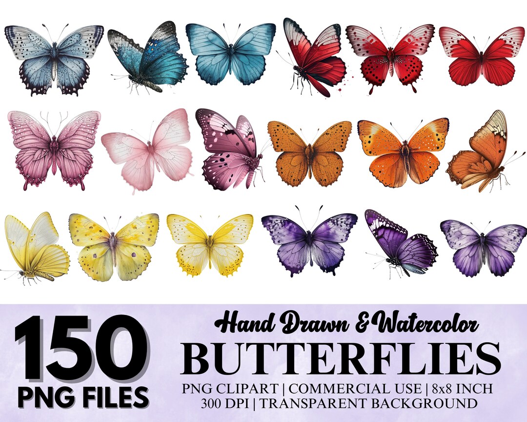 Butterflies Clipart Bundle, 150 PNG Watercolor and Hand Drawn ...
