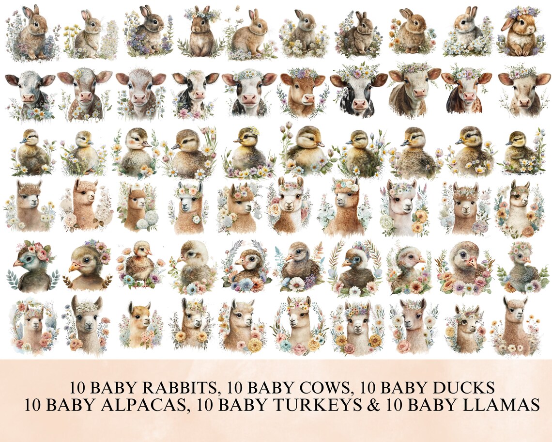 Farm Animals Clipart Bundle, 120 PNG Baby Farm Animals Clipart ...