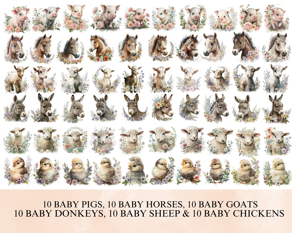 Farm Animals Clipart Bundle, 120 PNG Baby Farm Animals Clipart ...