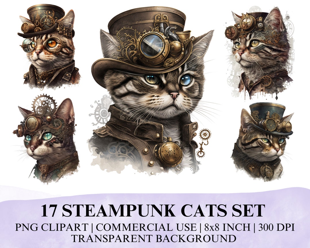 17 PNG Steampunk Cats Clipart, Steampunk Cat Portrait Clipart, PNG Steampunk Cats, Steampunk ...