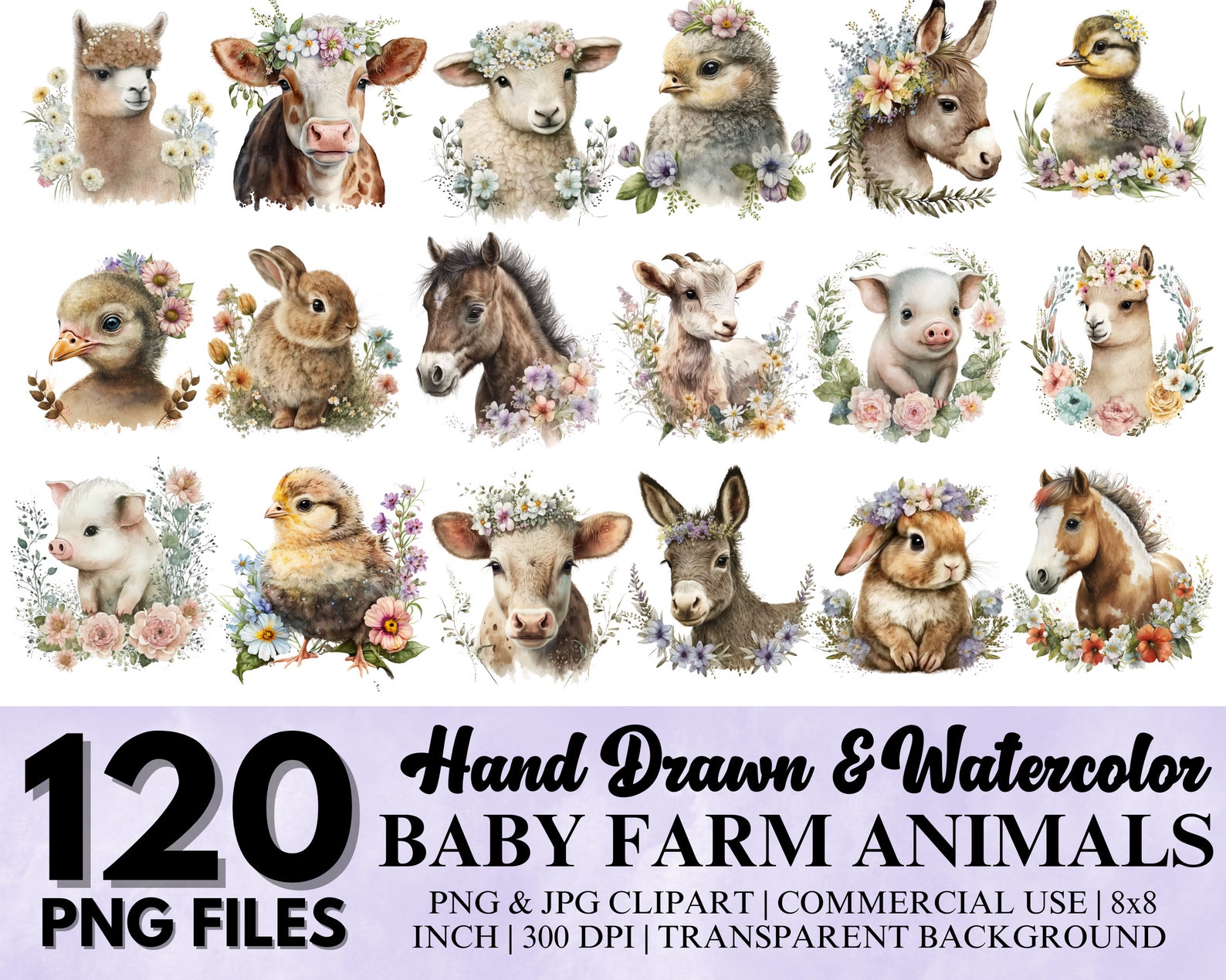 Farm Animals Clipart Bundle, 120 PNG Baby Farm Animals Clipart ...