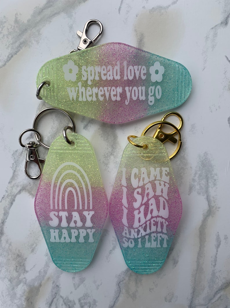 Glitter Retro Motel Keychain Positive Mental Health Anxiety - Etsy