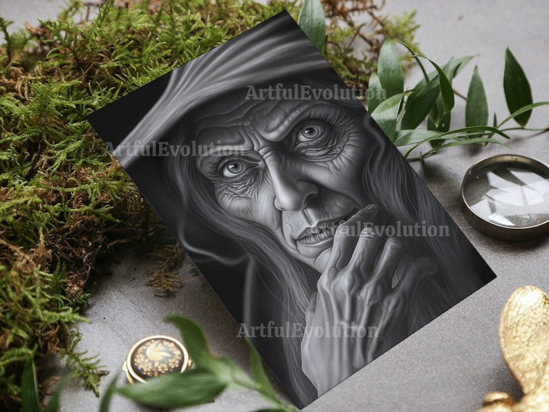 Old Witch Coloring Page, Grayscale Coloring Pages for Adults, Halloween ...