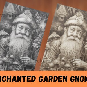 Enchanted Gnome Grayscale Coloring Pages for Adults Printable Adult ...