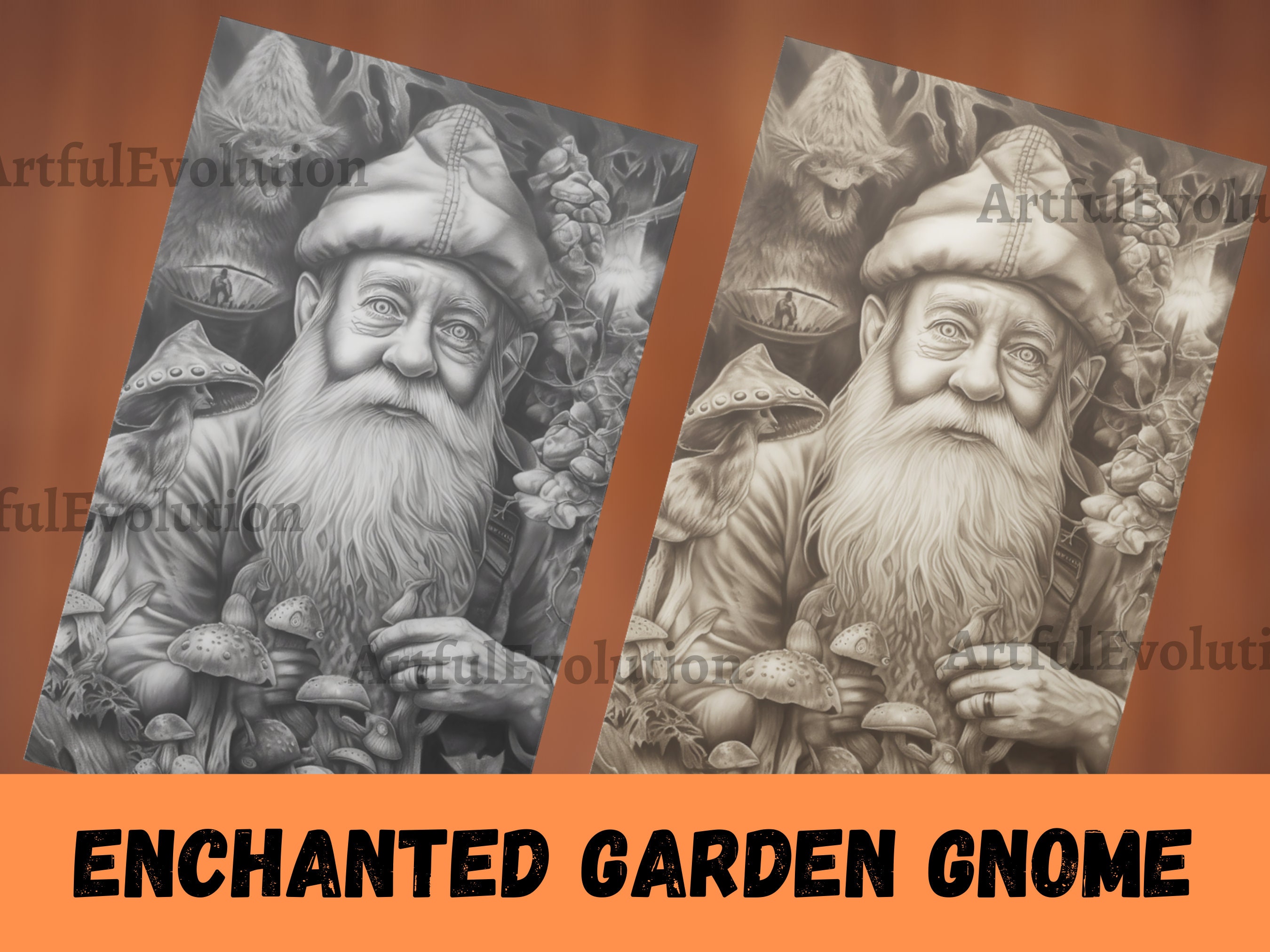 Enchanted Gnome Grayscale Coloring Pages for Adults Printable Adult ...