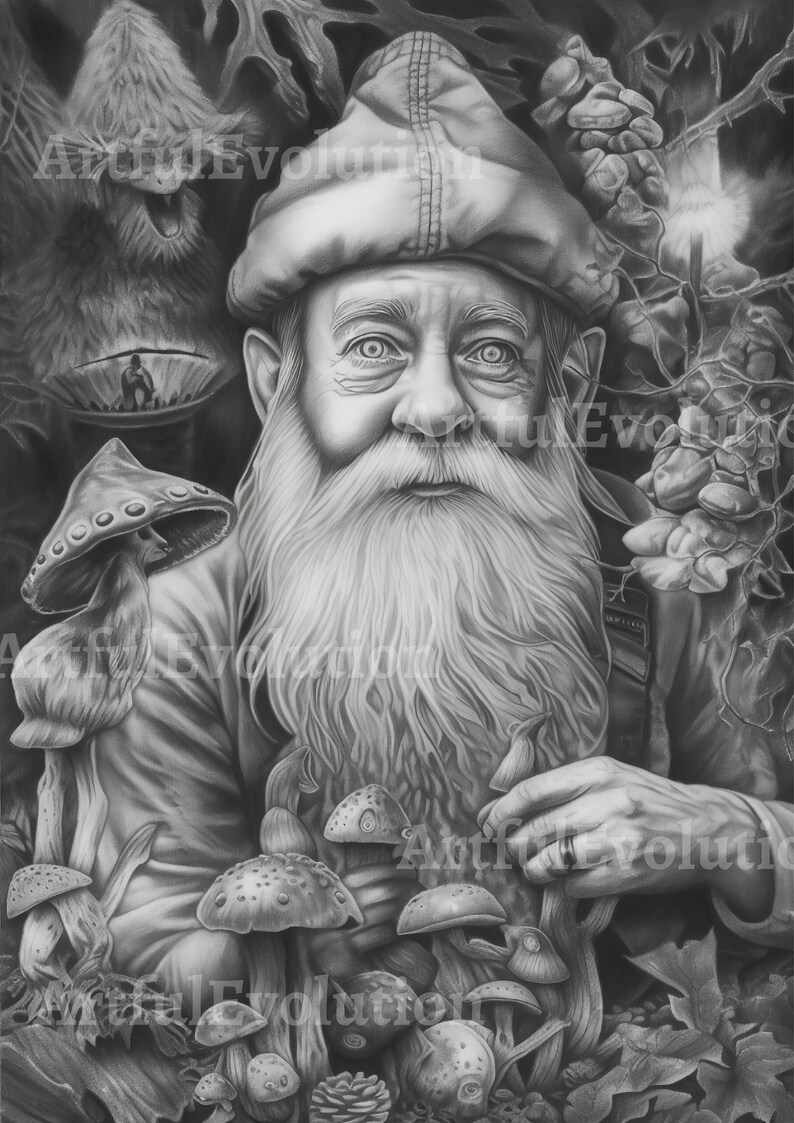 Enchanted Gnome Grayscale Coloring Pages for Adults Printable Adult ...