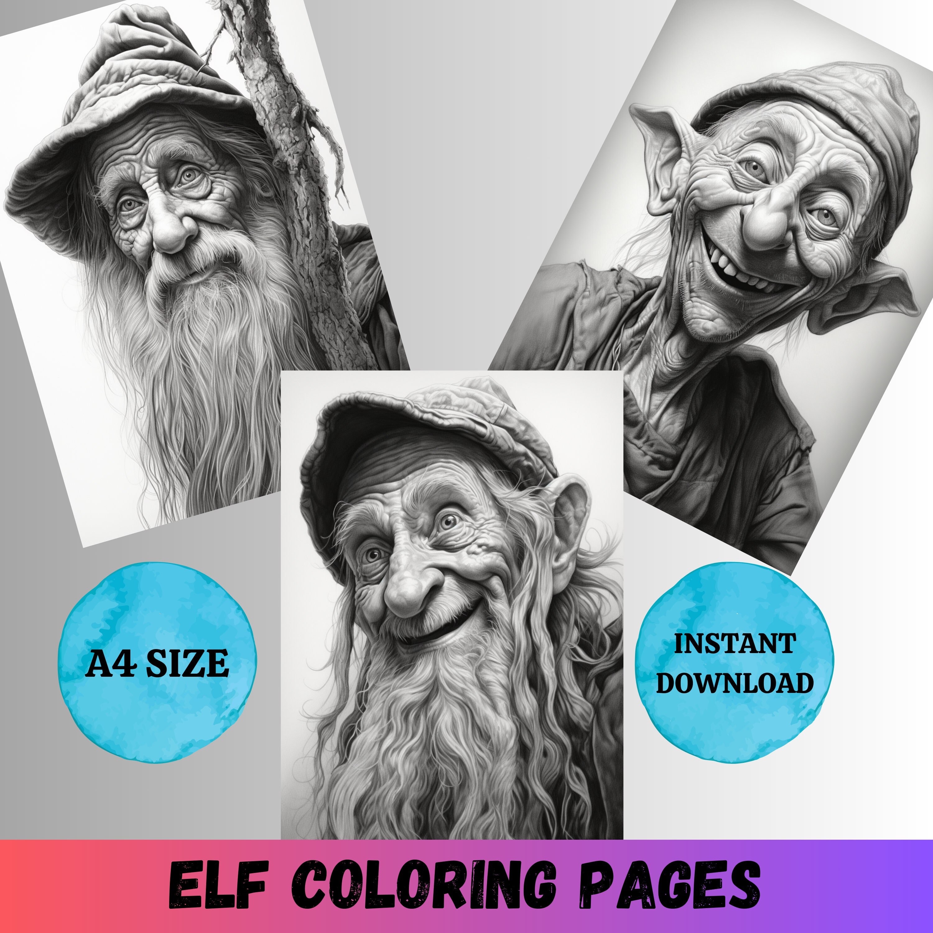 3 Elf Coloring Pages, Grayscale Coloring Page for Adults, Stoner ...