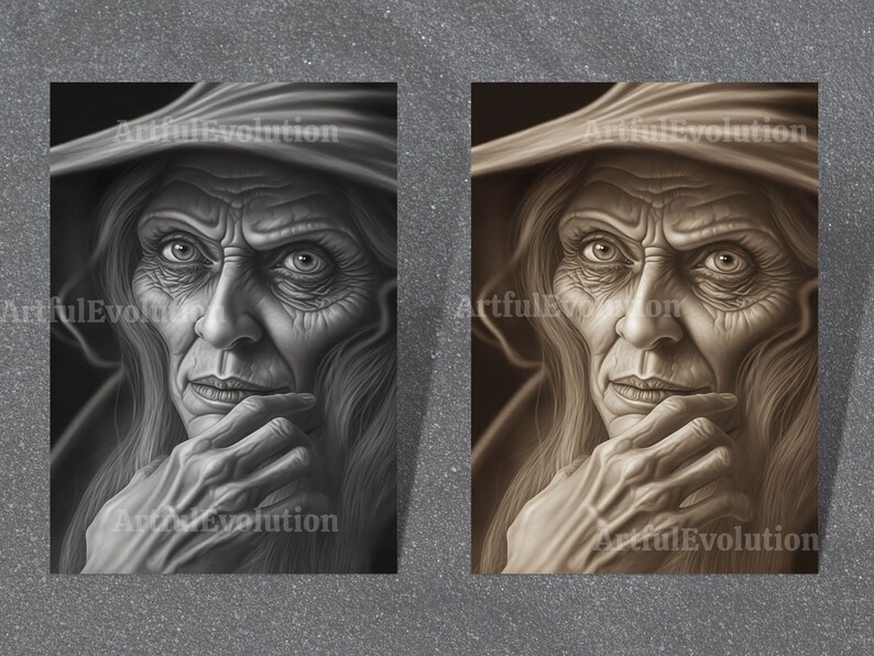 Old Witch Coloring Page, Grayscale Coloring Pages for Adults, Halloween ...