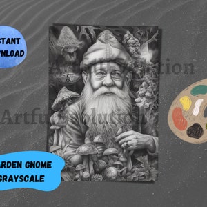 Enchanted Gnome Grayscale Coloring Pages for Adults Printable Adult ...