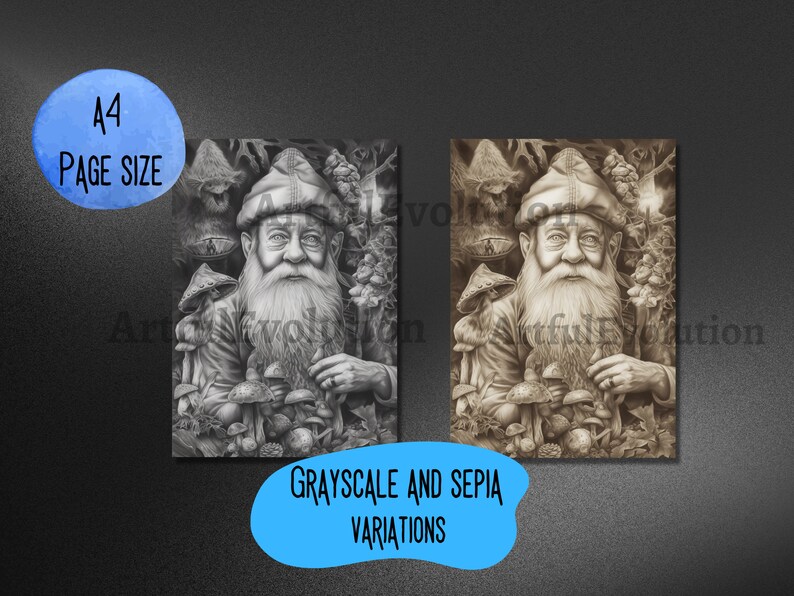 Enchanted Gnome Grayscale Coloring Pages for Adults Printable - Etsy