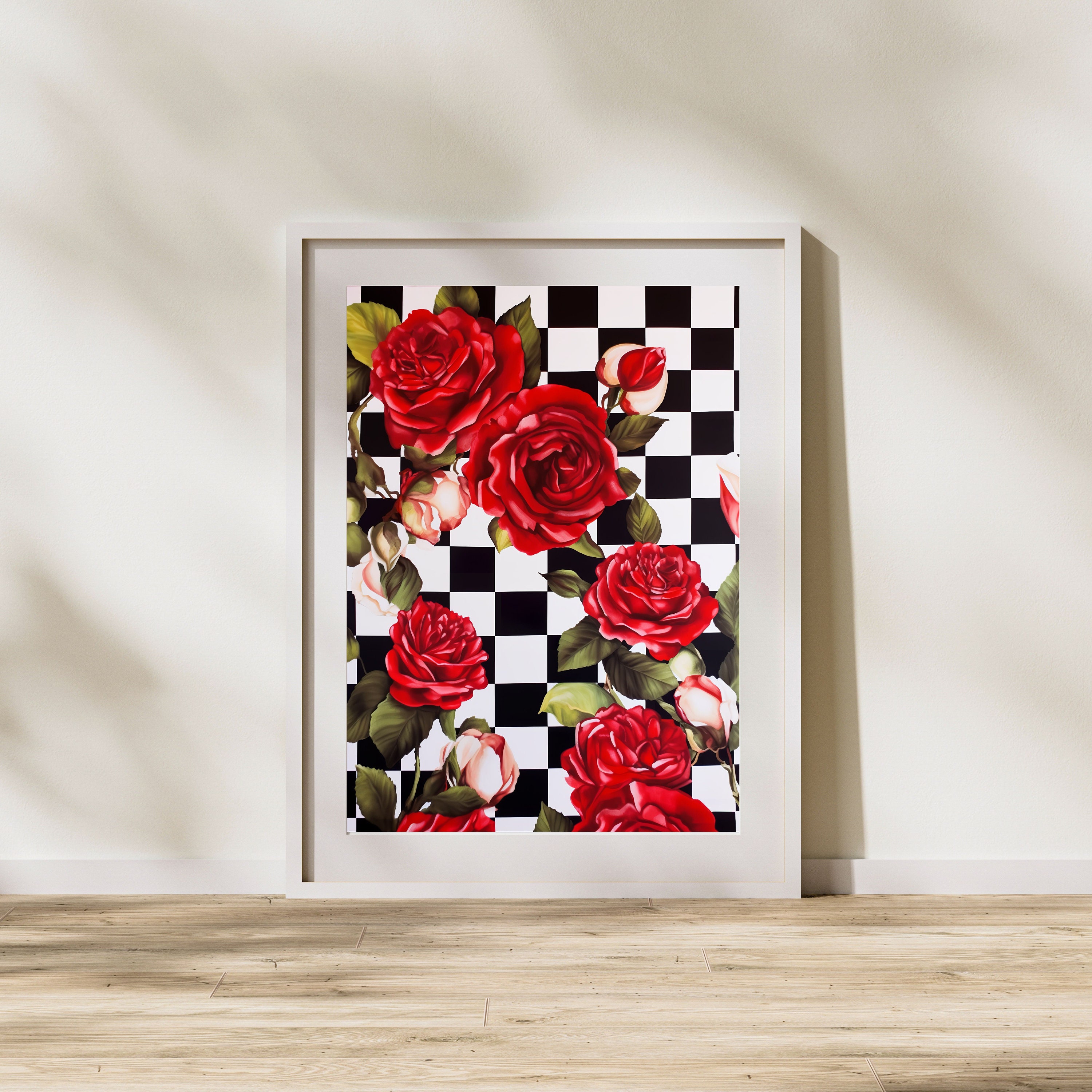 Black and White Courtly Checkered Check Decor Rose Pattern Digital Wall ...