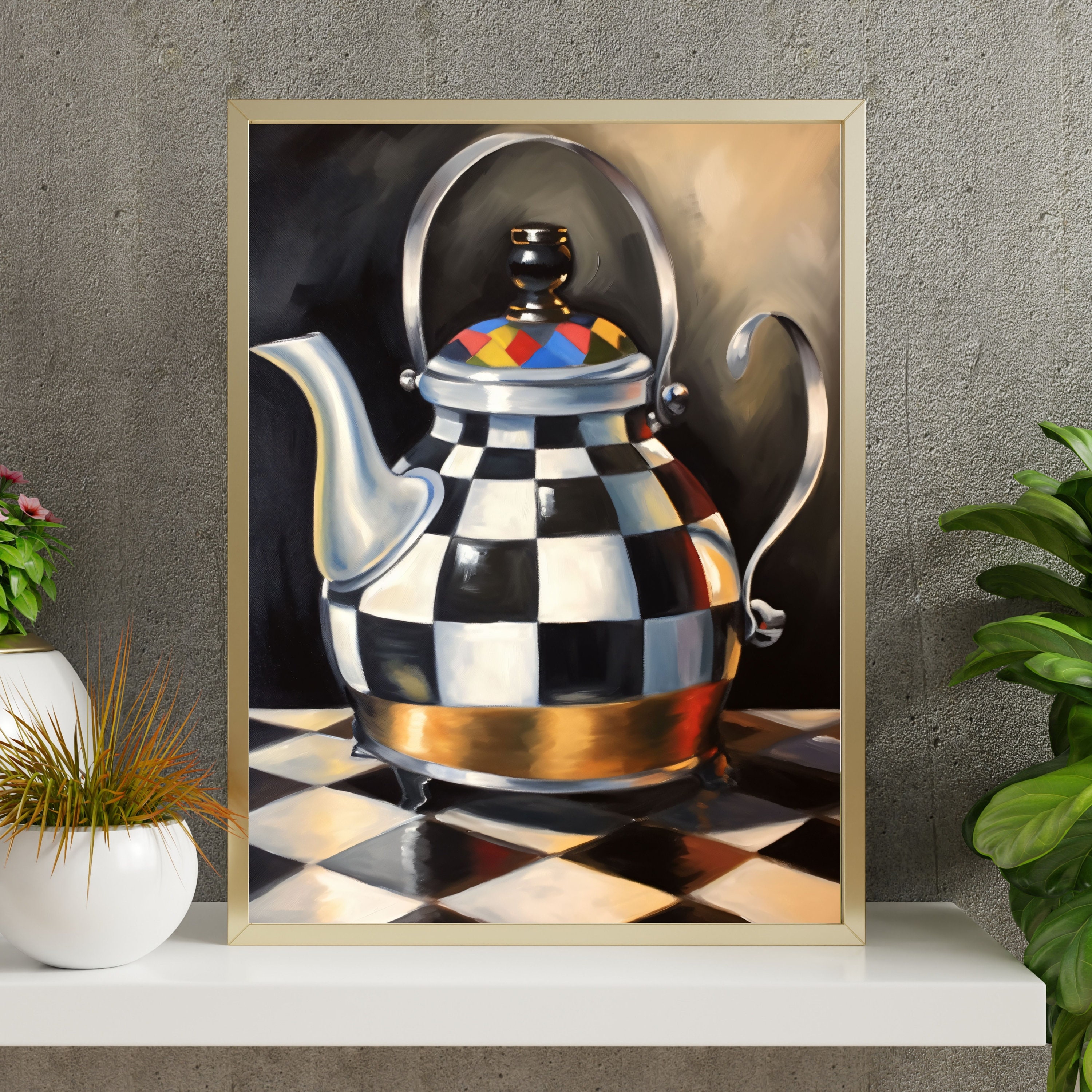 Black and White Courtly Checkered Check Decor Painting Printable Art ...