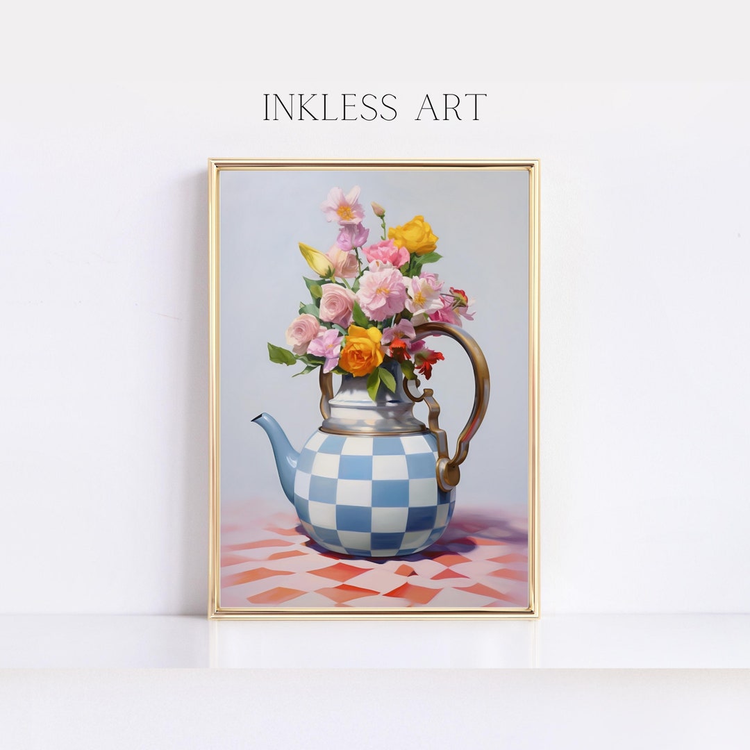 Elegant Blue and White Courtly Checkered Check Flower Kettle Pot ...