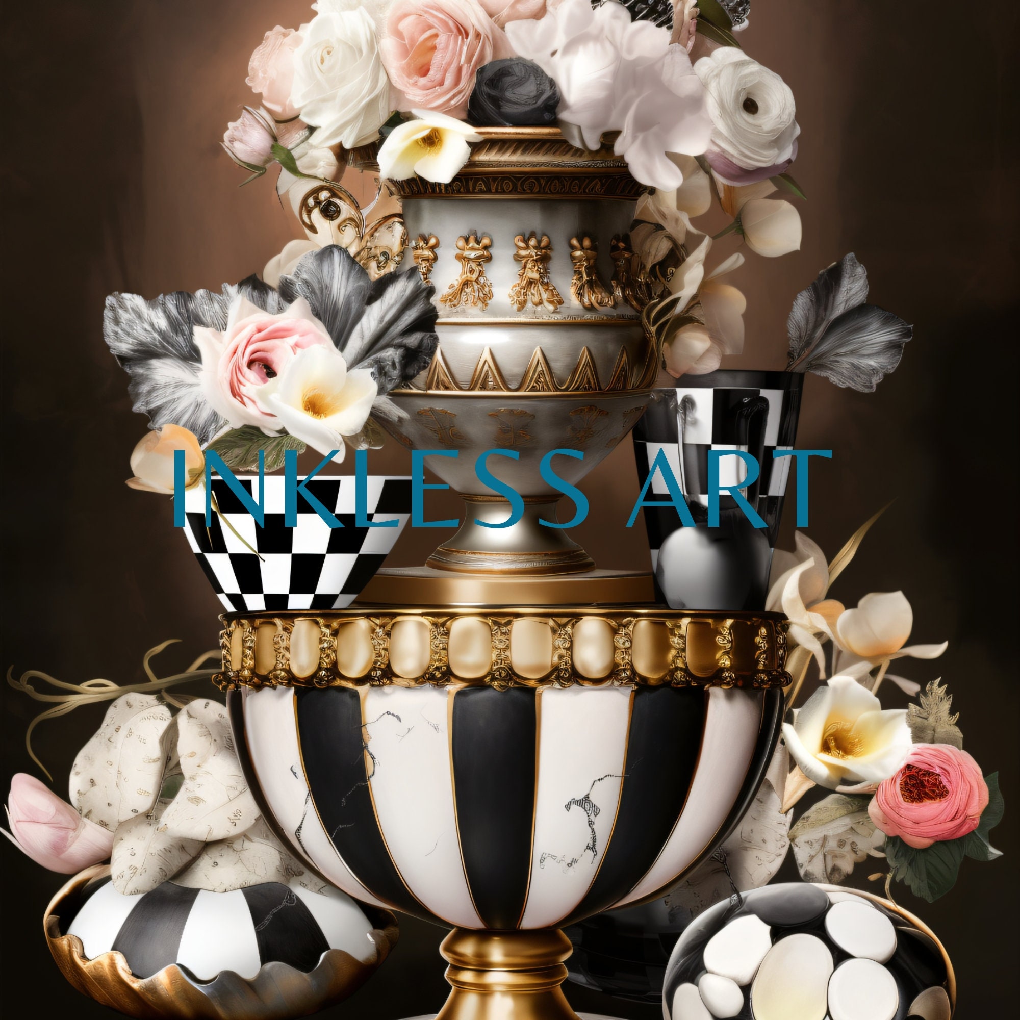 Black and White Checkered Decor Digital Art Print of A Pot and Flowers ...