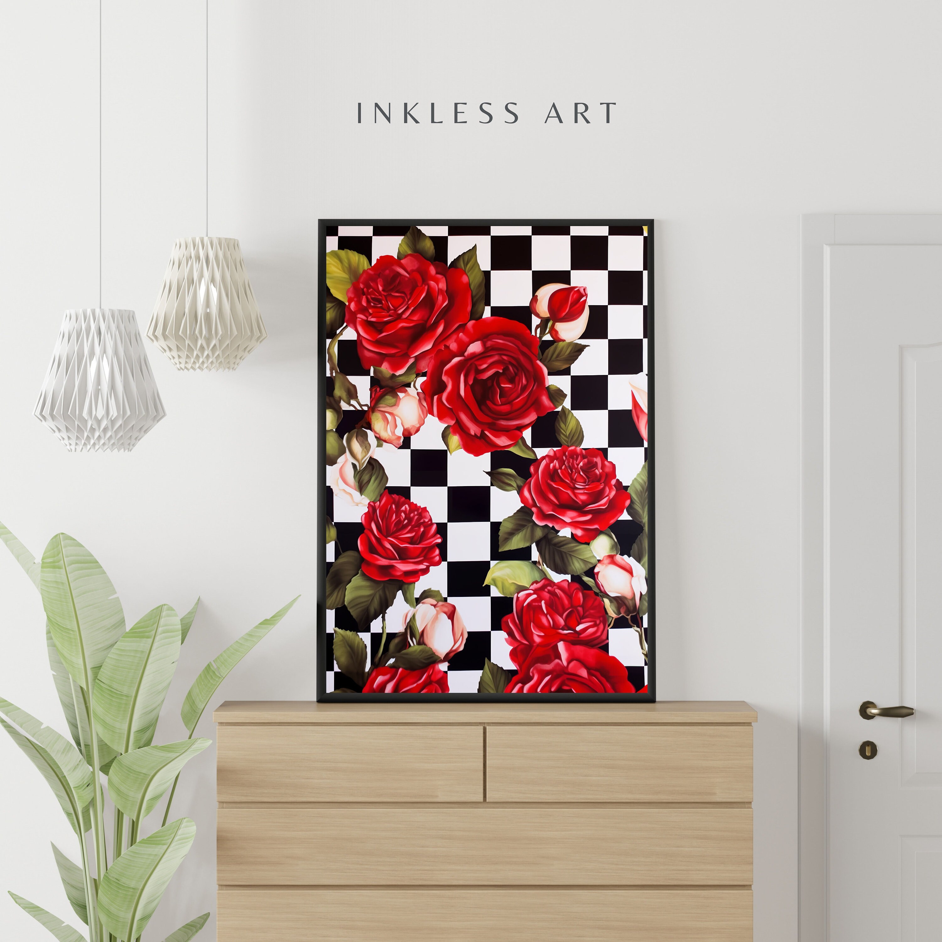 Black and White Courtly Checkered Check Decor Rose Pattern Digital Wall ...