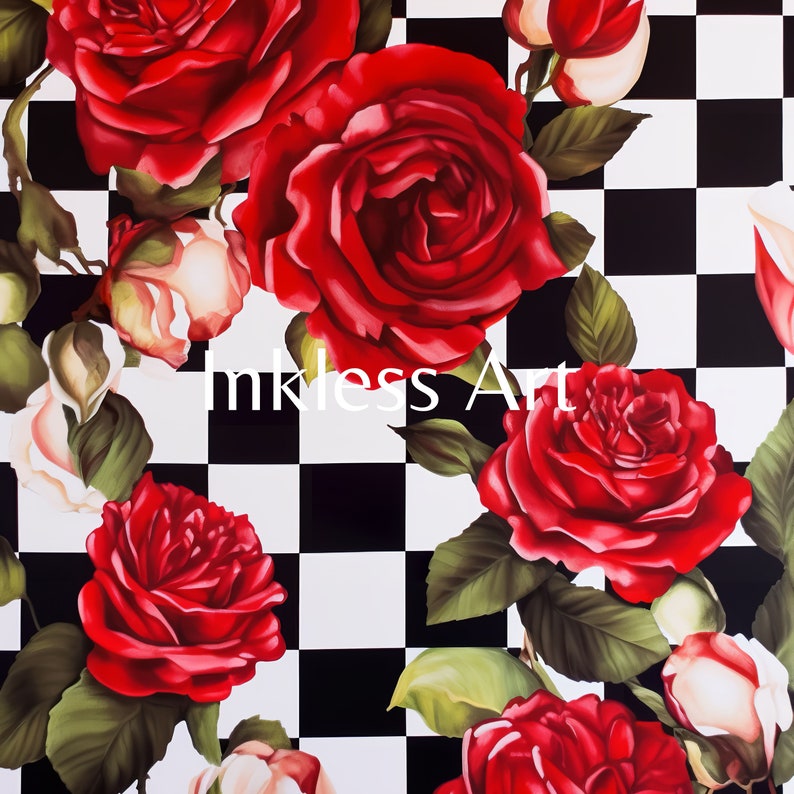 Black and White Courtly Checkered Check Decor Rose Pattern | Digital ...