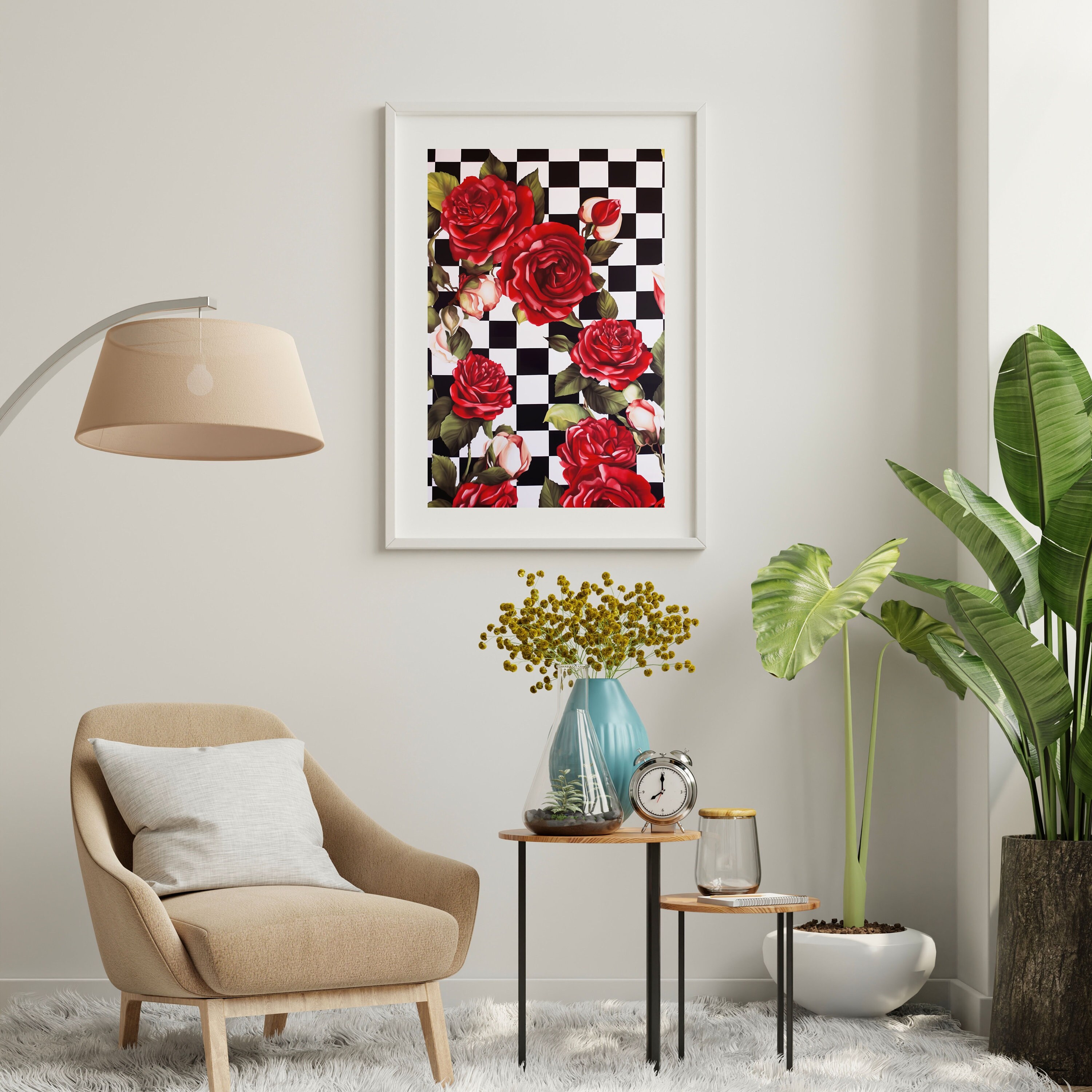 Black and White Courtly Checkered Check Decor Rose Pattern Digital Wall ...