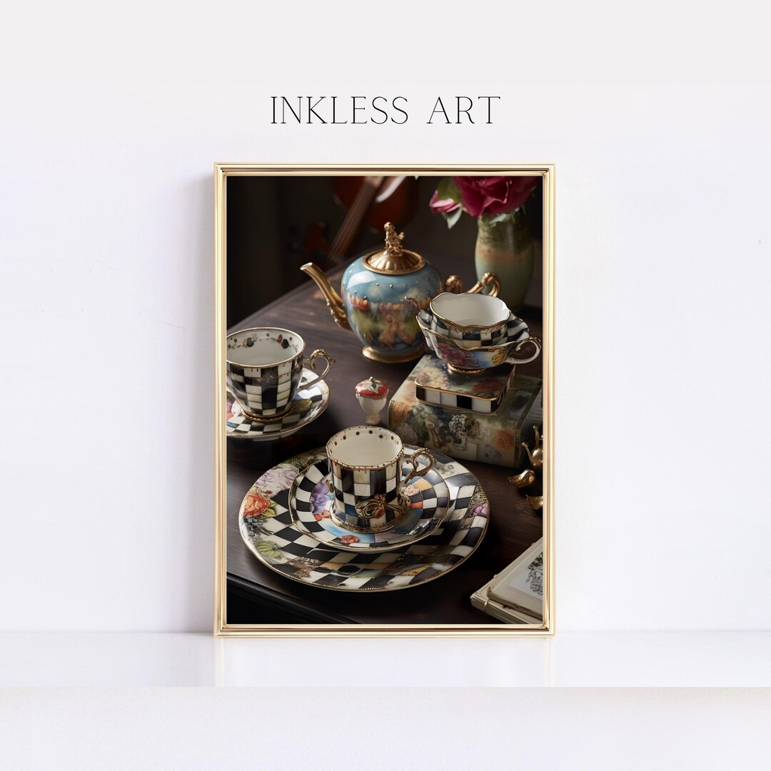 Black and White Checkered Tea Time Decor | Tea Cup | Digital Art Print ...