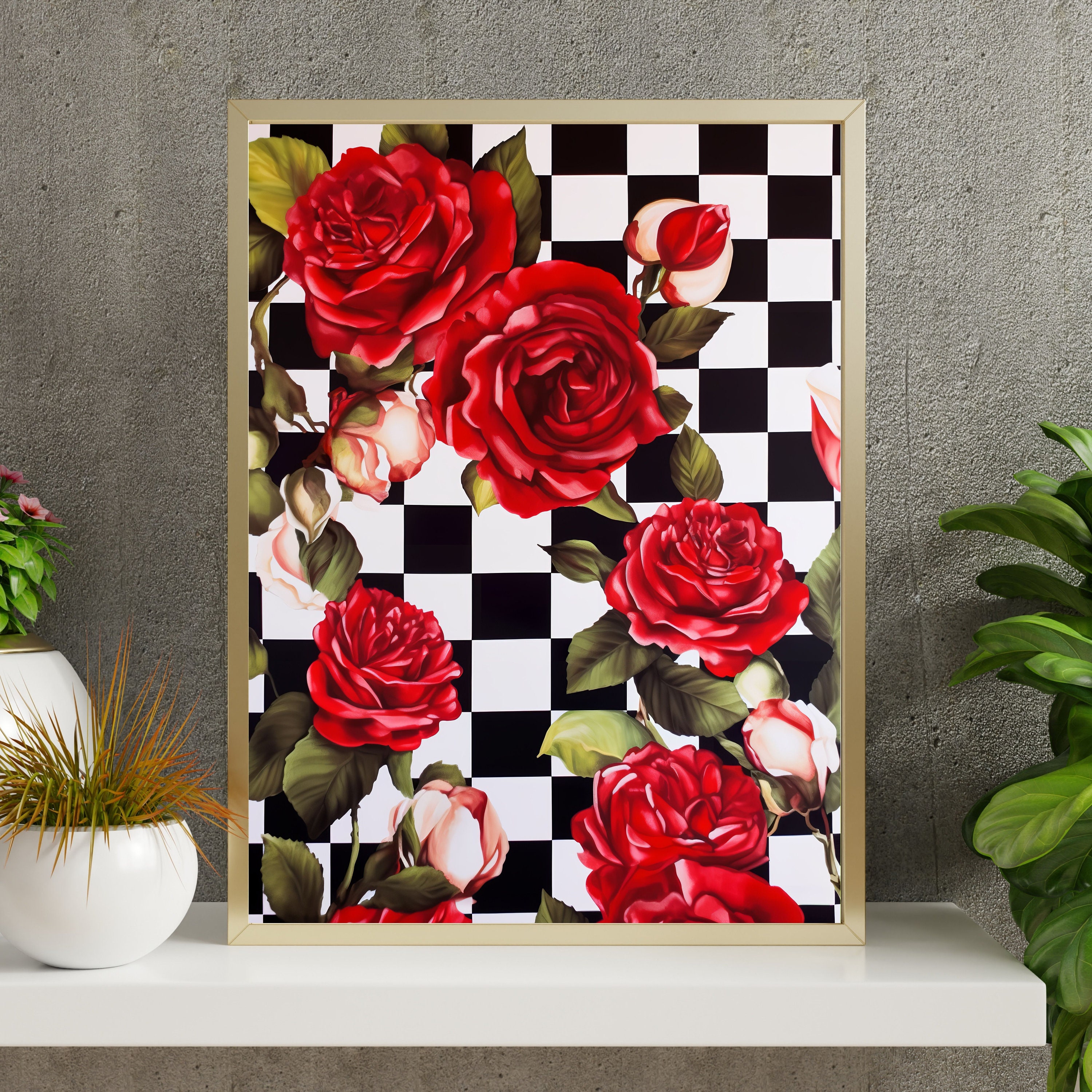 Black and White Courtly Checkered Check Decor Rose Pattern Digital Wall ...