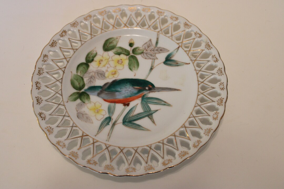 White Lattice Plate With Kingfisher Bird, Gold Trim - Etsy