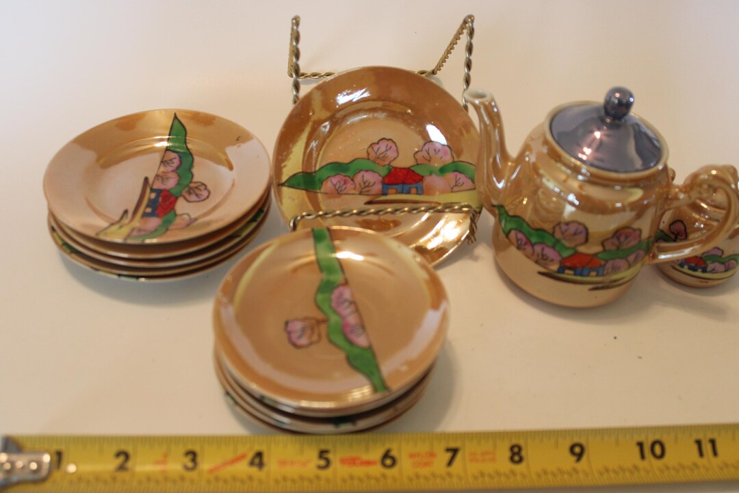 SET of FIVE 4.25 Inch Lusterware Dishes, With Rural Scene, Complete ...