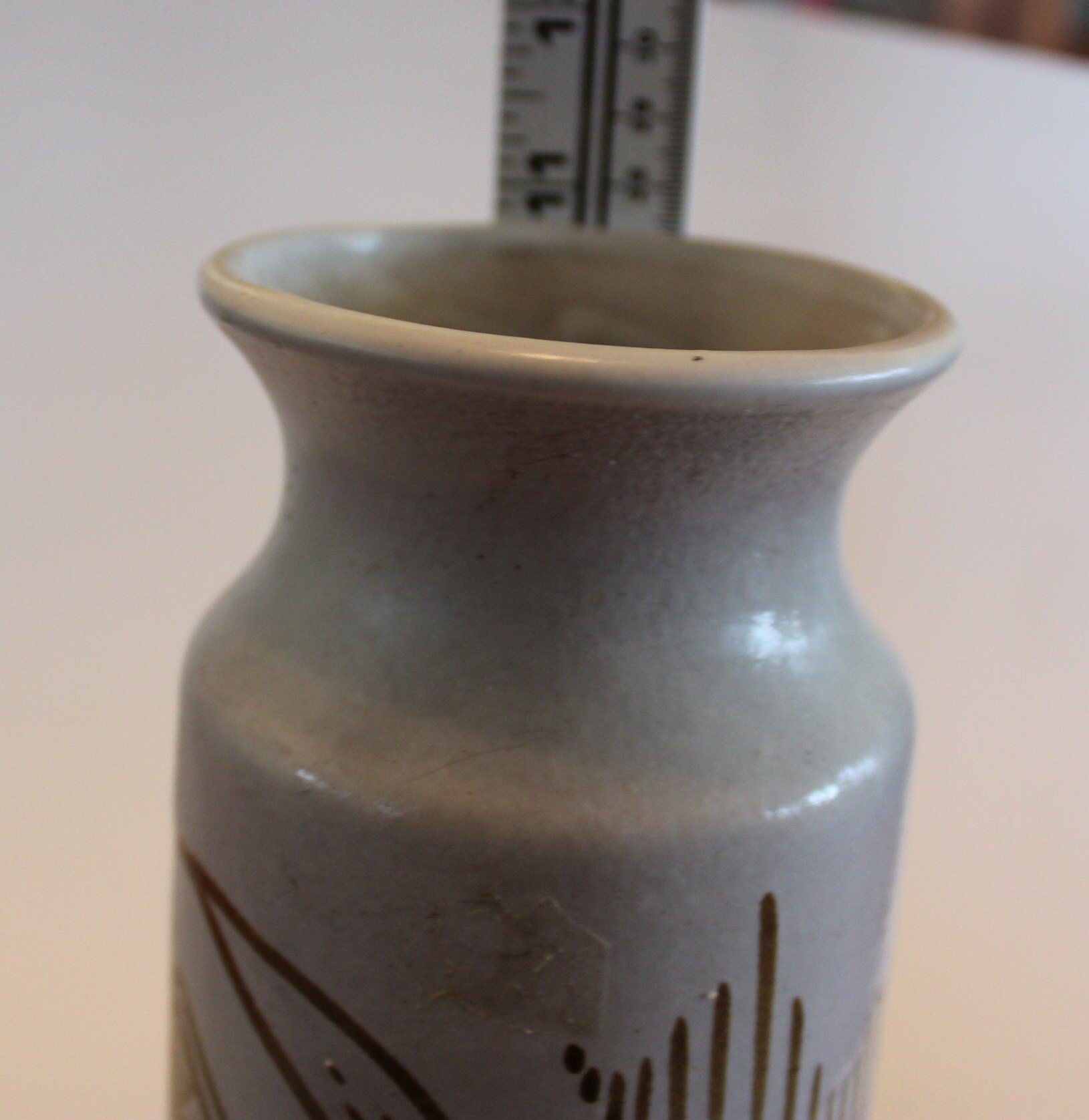 Tall Pottery Vase Marked 'made in USA 20', Depicting an Elevated Cabin ...